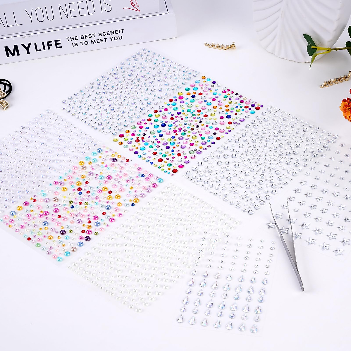 Sifniea 8 Sheets Face Gems Face Jewels Stick On Face Rhinestones, Self Adhesive Rhinestones Pearls Stickers for Makeup, Eye Gems Hair Gems Body Jewels for Face, Festival, Crafts, Nail Decorations