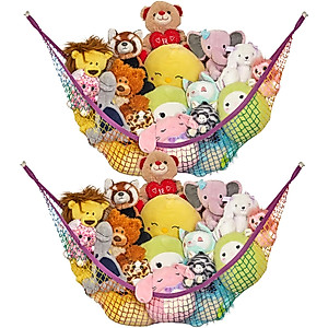 Lilly's Love Large Stuffed Animal Hammock | Corner Hanging Organizer, Stuffed Animal Storage | Easy to Hang Plushie Net w/Included Anchors & Hooks | Cute Room & Bedroom Decor (Rainbow, 2 Pack)