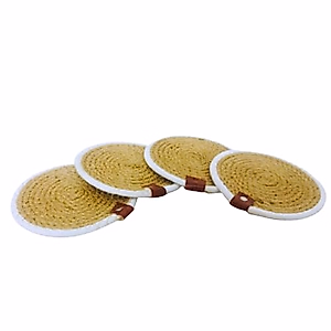 VintFlea Set of 4 Stylish & Sustainable Cotton-Jute Placemats, Perfect for Dining, Coffiee Table, Experience Washable, Heat Resistant Non Slip Small Circle, Round TableMats (6 x 6) Beige & White