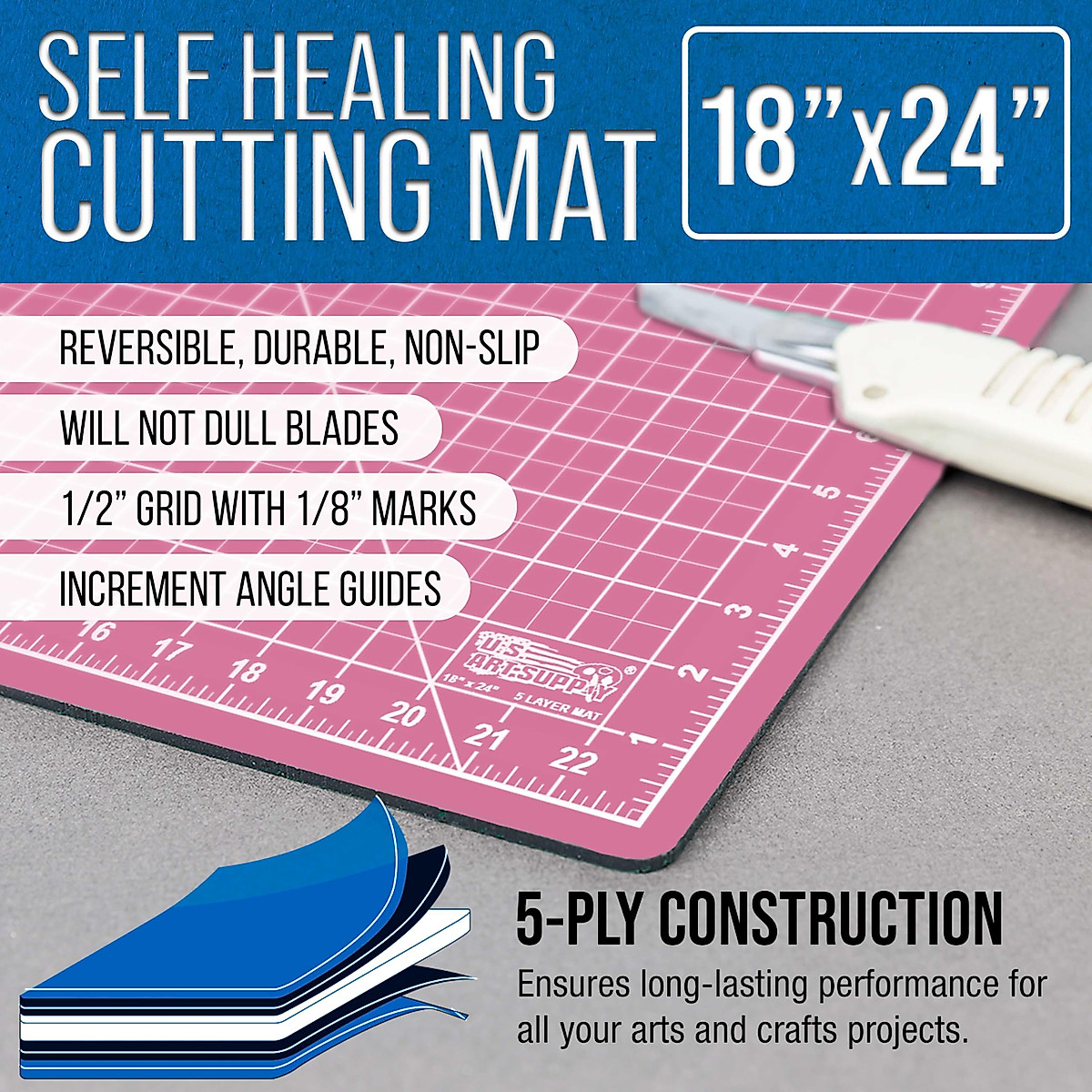 U.S. Art Supply 18" x 24" Pink/Blue Professional Self Healing 5-Ply Double Sided Durable Non-Slip Cutting Mat Great for Scrapbooking, Quilting, Sewing and all Arts & Crafts Projects
