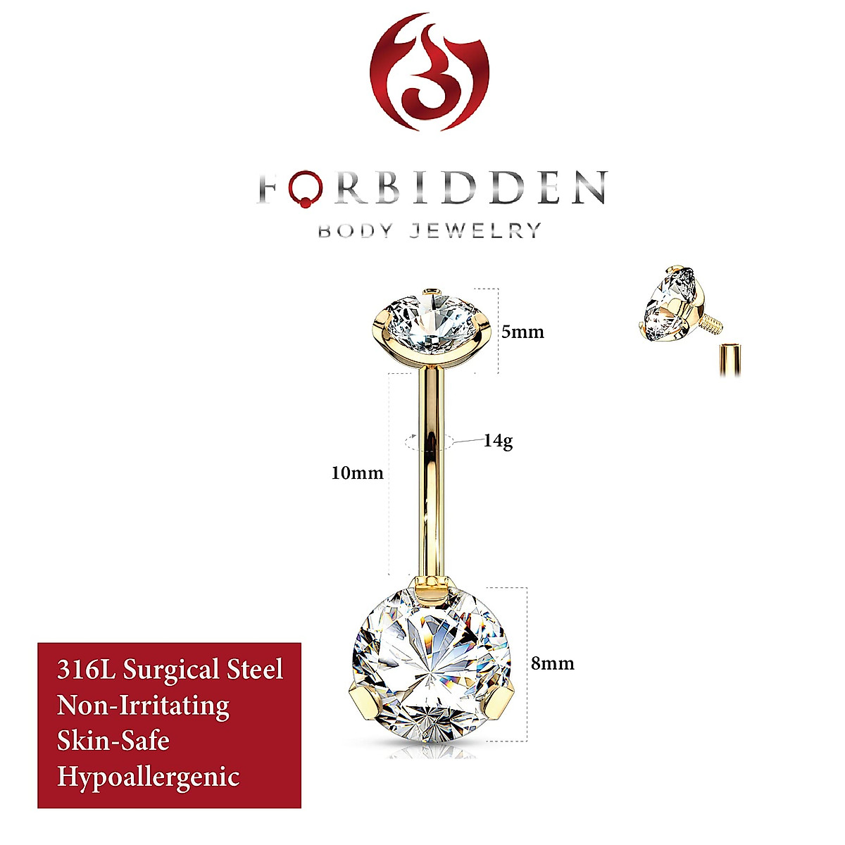 Forbidden Body Jewelry Long Belly Button Rings, Belly Button Jewelry, 14G Surgical Steel, Tri-Prong Round CZ Solitaire Belly Ring for Women, Internally Threaded (Gold/Clear)