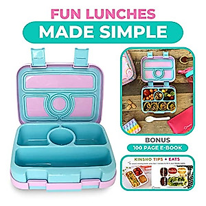 Kids Bento Lunch Box, Meal Prep Containers: Reusable, Leakproof Container Lunch Boxes For Kids & Adults Lunches, 4 Compartment - School, Daycare, Portion Control Container Utensils Purple Rainbow