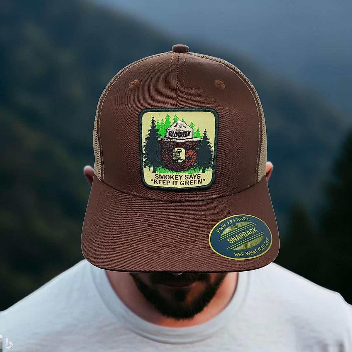 PNW Apparel Smokey The Bear Keep it Green Snapback Trucker Hat with Smokey The Bear Woven Patch (Brown/Tan)