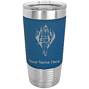 LaserGram 20oz Vacuum Insulated Tumbler Mug, Fireman, Personalized Engraving Included (Faux Leather, Blue)
