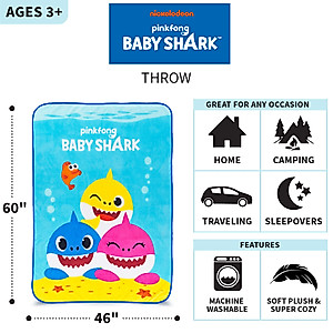 Franco Kids Bedding Super Soft Micro Raschel Throw, 46 in x 60 in, Baby Shark