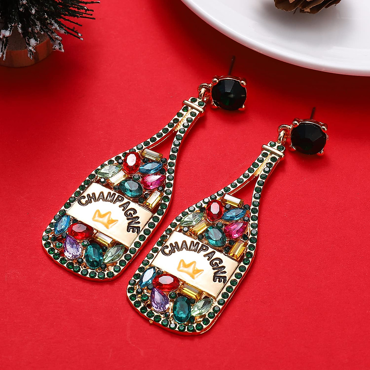 XOCARTIGE Champagne Bottle Earrings Rhinestone Crystal Beaded Champagne Drop Dangle Earrings for Women Wedding Holiday Festive Party Earrings Xmas New Year Gifts (Green)