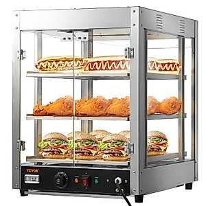 VEVOR Commercial Food Warmer Display, 3 Tiers, 800W Pizza Warmer w/ 3D Heating 3-Color Lighting Bottom Fan, Countertop Pastry Warmer w/Temp Knob & Display 0.6L Water Tray, Stainless Frame Glass Doors…