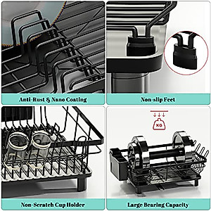 BUDO Dish Drying Rack, Stainless Steel Plate Rack with Drainboard, Removable Utensils and Cup Storage Holder, 360° Swivel Spout for Kitchen Counter (Black)