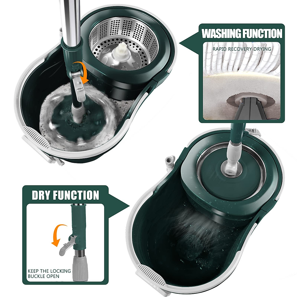 Masthome 24" Professional Flat Mop with 5 Reusable Mop Pads, Spin Mop and Bucket Set with 5 Mop Refills, Easywring Mop Bucket System for Floor Cleaning