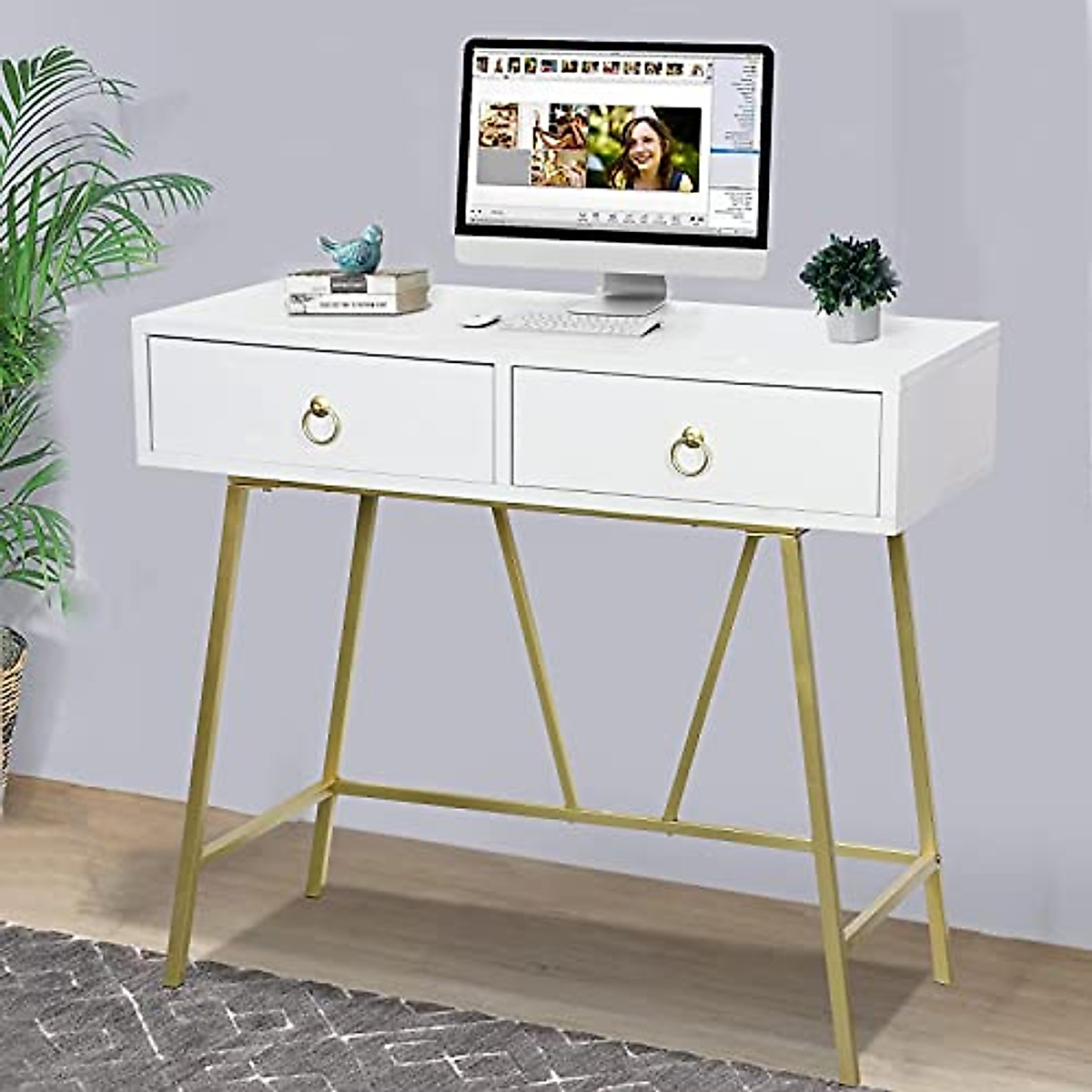 Anmytek Modern Home Office Desk, 35.4 Inch Makeup Vanity Table White Study Desk 2 Drawers Writing Desk Computer Desk with Golden Legs, D0002