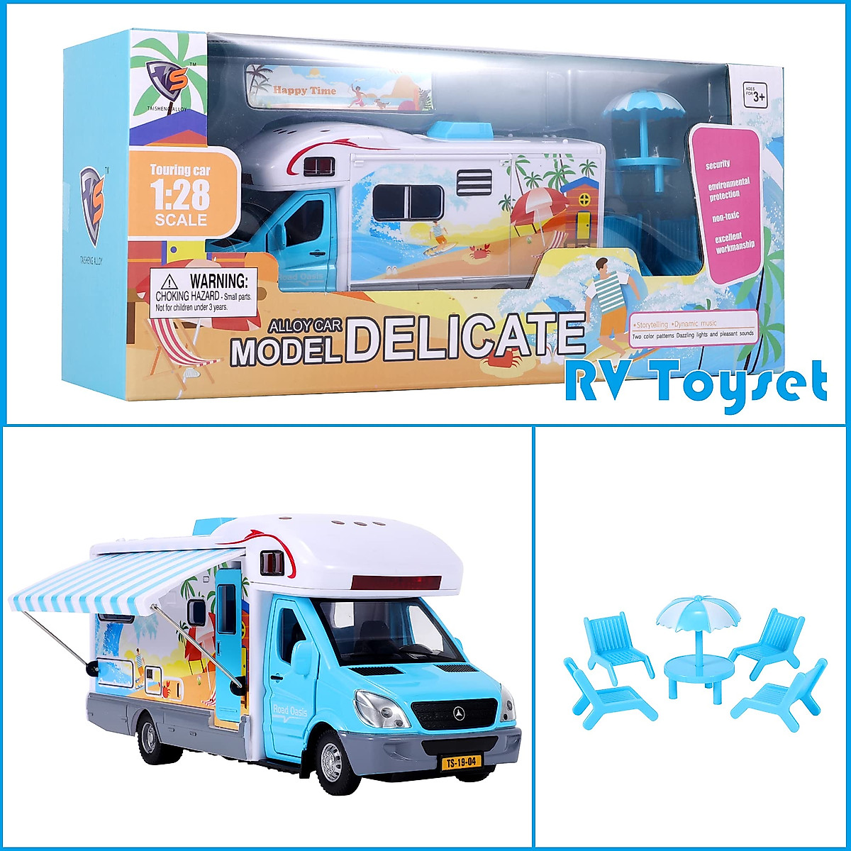 BUNICORN RV Camper Vehicle Playset Camping Toy Set Beach Recreational Vehicle Large Pull Back Car Pretending Toys Alloy Car Chair Table Toys