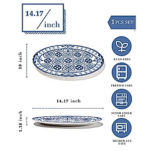 Sonemone 14 inch Blue Serving Platter, Ceramic Oval Serving Plates for Entertaining Party Restaurant, Turkey, Dishwasher & Microwave Safe
