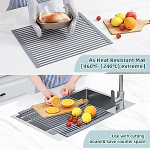 Ohuhu Over Sink Dish Drying Rack 17.6" L x 15.4" W Large Roll Up Drainer Foldable Rolling Mat Dryer Roll Out RV Drain - Silicone Coated Steel Multipurpose Space Saving for Kitchen Counter Anti-Slip