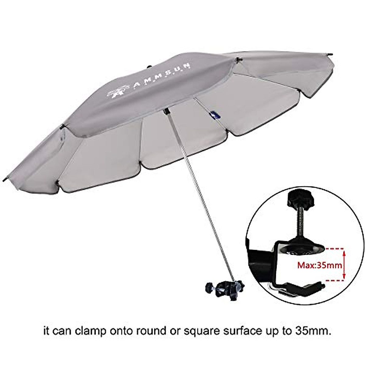 AMMSUN 2 PCS Chair Umbrella with Clamp 43 inches UPF 50+, Portable Clamp on Patio Chair, Beach Chair, Stroller, Sport chair, Wheelchair and Wagon, Grey, 2 PACK