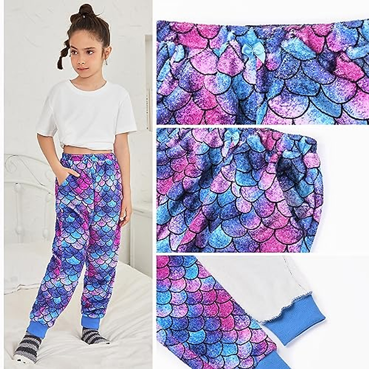 Little Girls Mermaid Pajamas Pj Pants Plush Fleece Warm Winter Sleepwear,4t 5t