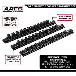 ARES 60053-3-Piece Black Magnetic Socket Organizer Set - Aluminum Rails Store up to 12 Sockets Each and Keep Your Tool Box Organized