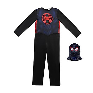 Marvel Miles Morales Official Youth Halloween Costume - Printed Jumpsuit with Fabric Mask (M) Black