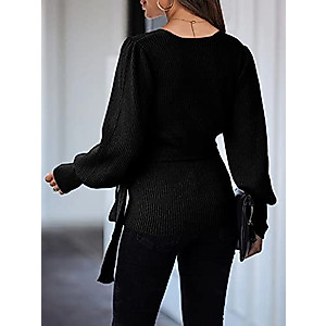 Saodimallsu Womens V Neck Wrap Sweater Loose Batwing Long Sleeve Sexy Pullover Sweaters Tie Ribbed Knit Jumper Tops Black