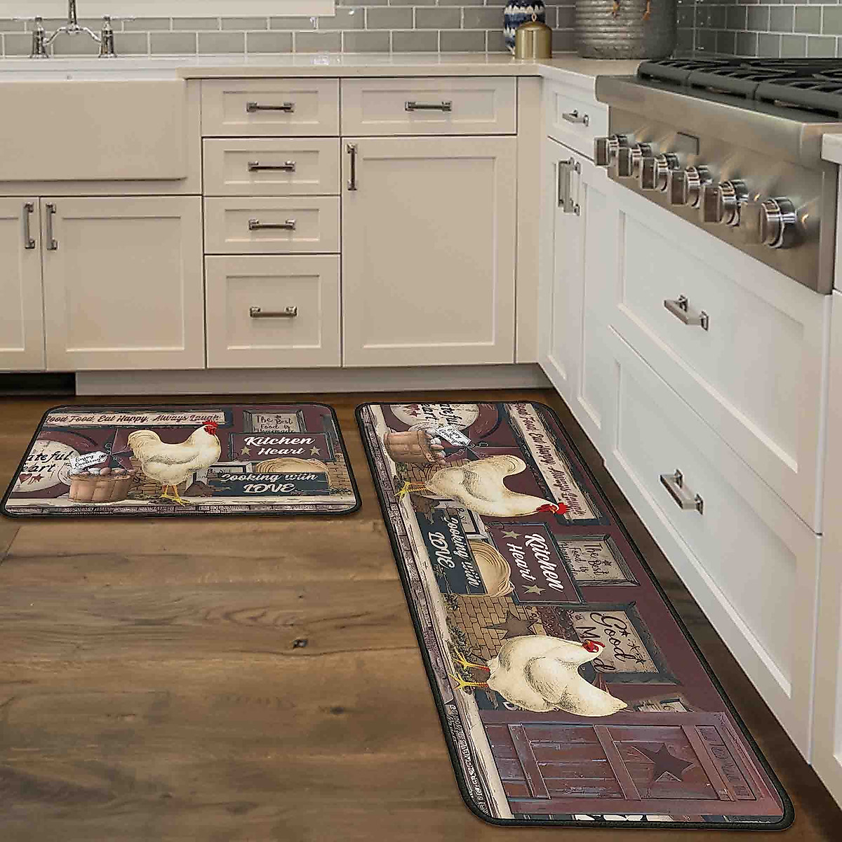 flippana Kitchen Rugs Farmhouse Style for Floor, Rooster Kitchen Rug, Non-Slip Backing Kitchen Mat Set of 2 Washable Kitchen Rug Sets with Runner for Home Kitchen 17"x47.2"+17"x30"