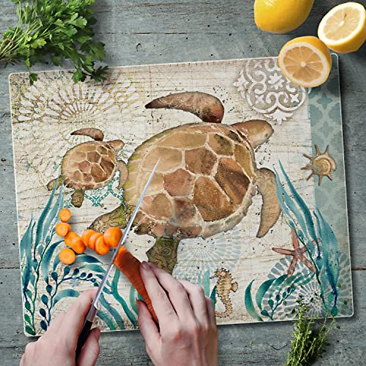 CounterArt Monterey Bay Turtle 3mm Heat Tolerant Tempered Glass Cutting Board 15” x 12” Manufactured in the USA Dishwasher Safe