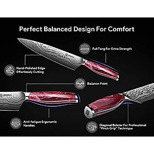 Piklohas Knife Sets For Kitchen With Block, 14 Pieces Kitchen Knife Set With Magnetic Knife Holder, German High Carbon Stainless Steel Damascus Pattern Chef Knife Set With Sharpener, Steak Knives, Red