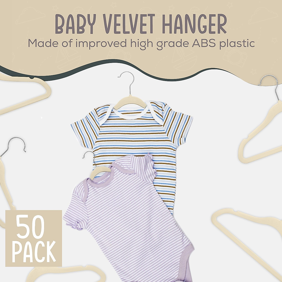 TechZoo 50 Premium Baby Velvet Hangers - 11" Inch Non-Slip Baby Hangers, Ultra-Slim Space-Saving Children Hangers - 360° Swivel Hook, Strong & Durable Infant & Toddler Clothes Hangers - Ivory