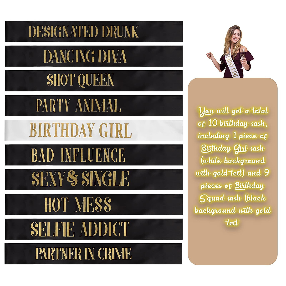 10 Pieces Birthday Sash for Women Birthday Party Supplies Happy Birthday Sash for Birthday Queen Sash Birthday Party Favors, 2 Colors(Black, White)