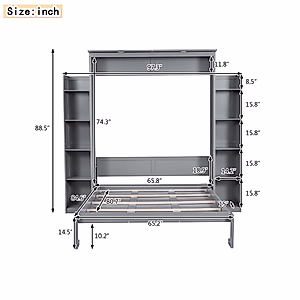 Merax Queen Size Murphy Bed, Queen Wall Bed Frame with Shelves and LED Lights, Gray