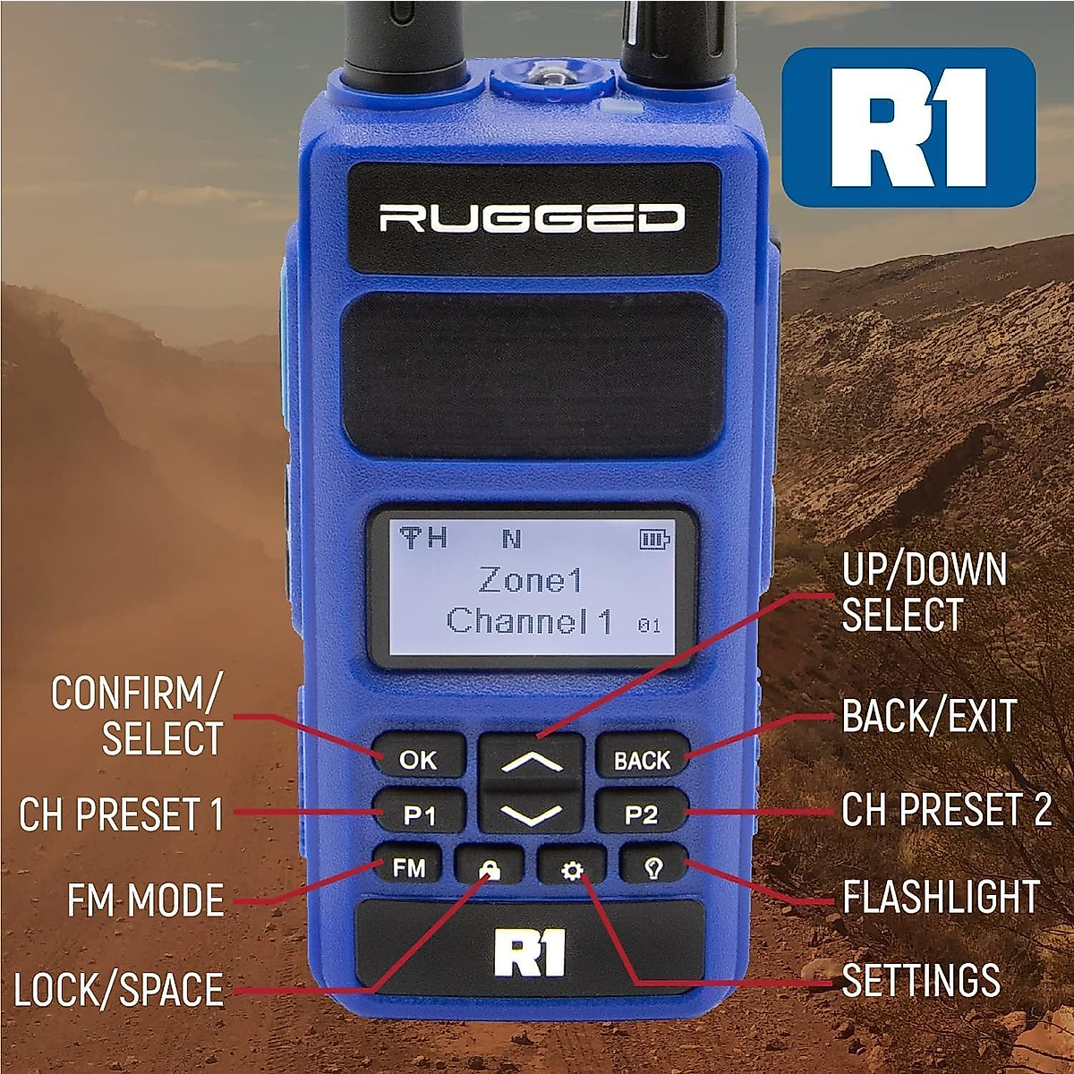 Rugged Two Way Handheld Radio Walkie Talkie for Business Schools Churches Construction - Features Long Range Dual Band VHF UHF and Rechargeable Battery (R1)