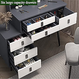 Vanity Desk with Mirror and Lights,Modern Makeup Vanity Set,Adjustable Led & Six Drawers & Five Storage Shelves & Vanity Stool Chair,Large Makeup Desk Dressing Table for Bedroom