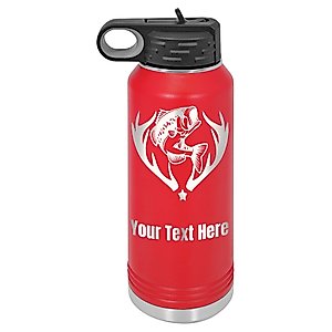 Customized Water Bottles with Flip-Top Lid and Straw, Personalized Stainless Steel Sports Fishing Double Wall Thermos, Custom Your Name and Text Engraved 32 OZ (Red)