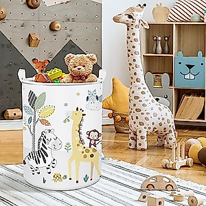 Clastyle 45L Cartoon Animals Elephant Fox White Kids Laundry Hamper Lion Clouds Round Toy Clothes Storage Basket for Children Room, 14.2x17.7 in
