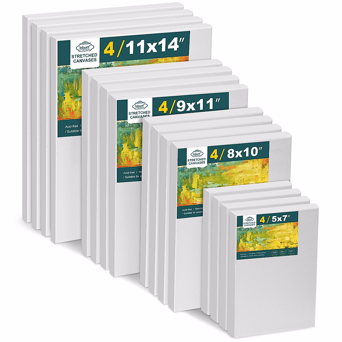 Inburit Stretched Canvas for Painting for Adults, Artist, 16 Multi Packs with 11x14, 9 x12, 8x10, 5x7(4 of Each), Blank Primed Canvas for Oil, Acrylic & Other Painting Media