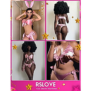 RSLOVE Women Sexy Lingerie Set Satin Bow Tie 2 Piece Bra and Panty Sets Pink L