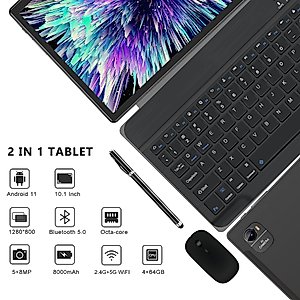 Oangcc 10.1" Android 11 Tablet, 2 in 1 Tablet 4GB RAM 64GB ROM (Up to 128G) Dual Camera Computer Tablet PC with Bluetooth Keyboard | Wireless Mouse | Stylus | Case | and More - Black