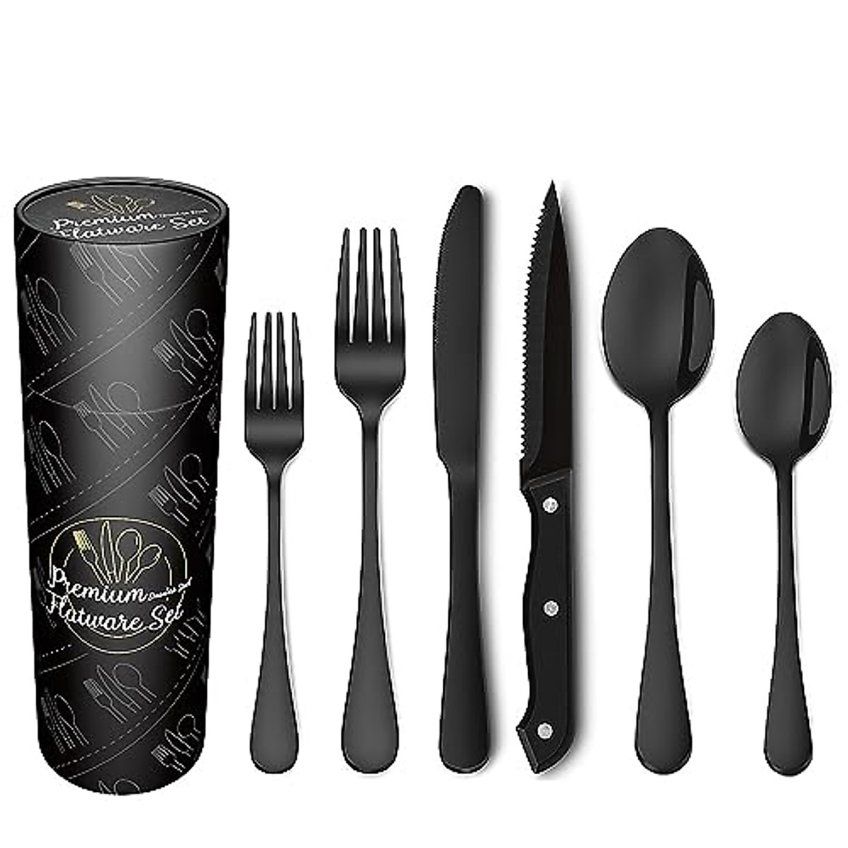 Black Silverware Set with Steak Knives,Black Flatware Set for 12,72-Piece Stainless Steel Tableware Cutlery Set,Kitchen Utensils Spoon and Fork Set,Dishwasher Safe