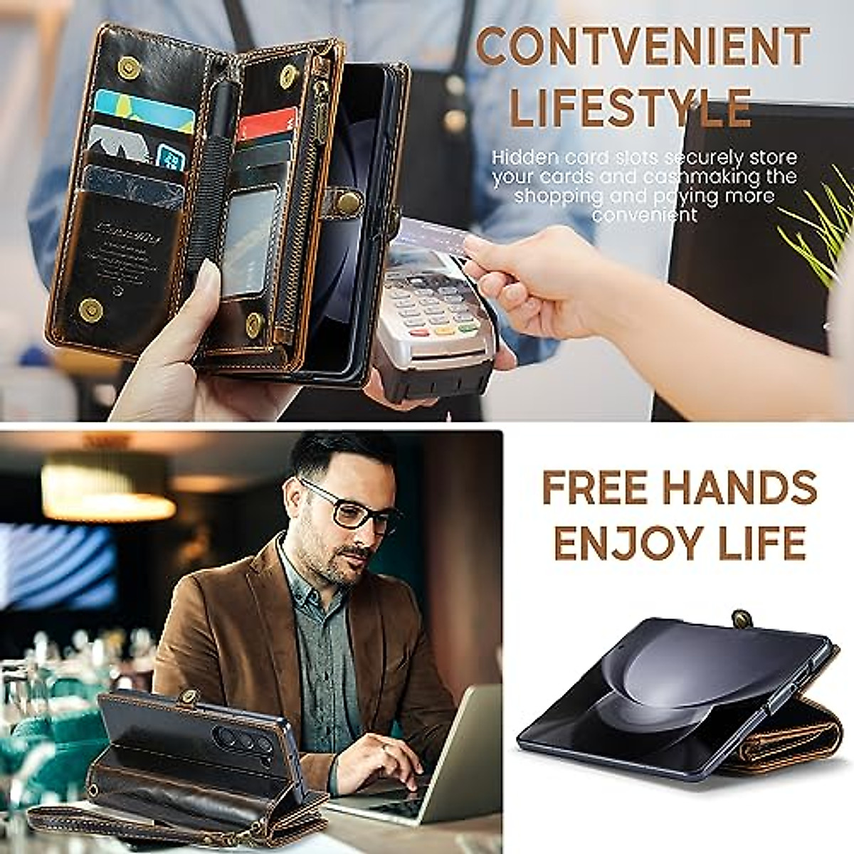 ASAPDOS Wallet Case Compatible with Samsung Galaxy Z Fold 5 with S Pen Holder,PU Leather Strap Wristlet Flip Case with Magnetic Closure[S-Pen Fully Compatible],Card Holder and Kickstand Coffee