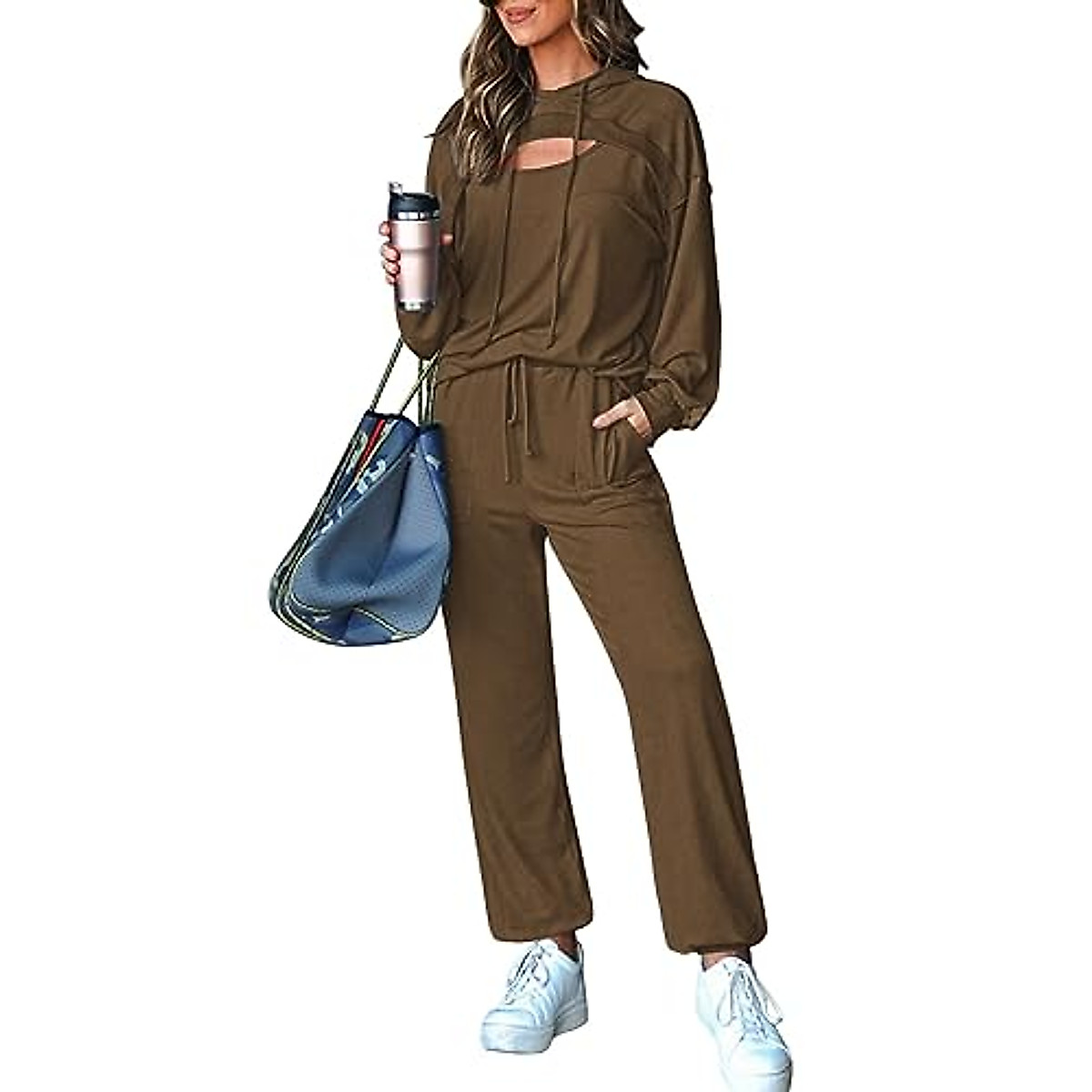 Pink Queen Two Piece Lounge Wear Sweat Sets Casual Relaxed Fit Fall Cutout Pullover Hoodies Tracksuit Ladies Running Active Drawstring Pants with Pockets Chocolate L