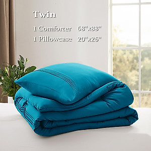 Basic Beyond Twin Comforter Set for Girls Boys, Fluffy Comforter Twin Size Bed, Lightweight Teal Comforter Set Twin, 2 Pieces Pinch Pleat Comforter Set (68" x 88" Comforter & 1 Pillowcase)