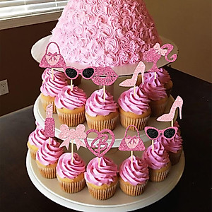 24 PCS Princess Cupcake Toppers Glitter Pink Girl Cupcake Picks Handbag Glasses Bow Lipstick Tie High Heel Cake Decorations for Wedding Bridal Shower Baby Shower Birthday Party Supplies
