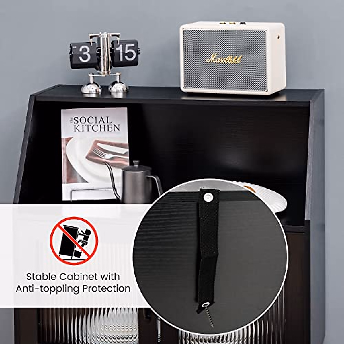 Giantex Buffet Cabinet with Storage, Farmhouse Sideboard with Open Shelves & Tempered Glass Door, Mid Century Free-Standing Kitchen Cupboard for Living Room Hallway, Black