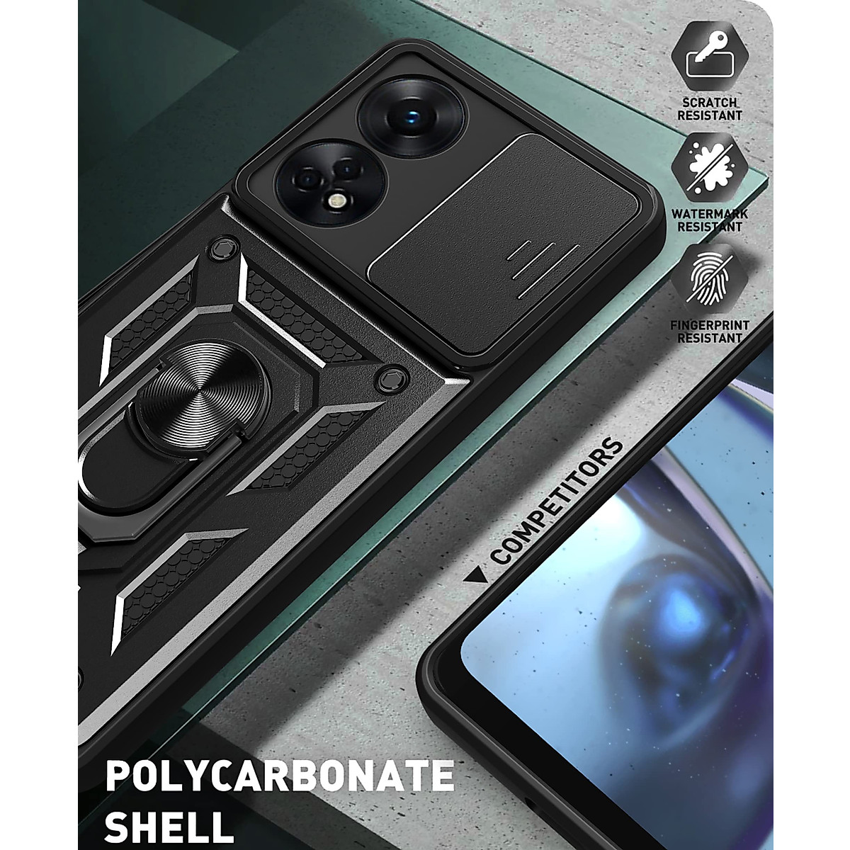 CCSmall for Oppo Reno8 T 4G (Not 5G) Case with Slide Camera Cover, Military Grade Drop Protective Phone Cover Case with Ring Kickstand for Oppo Reno 8T 4G SJ Black