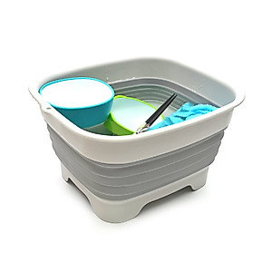 SAMMART 9.1L (2.4Gallon) Collapsible Dishpan with Draining Plug - Foldable Washing Basin - Portable Dish Washing Tub - Space Saving Kitchen Storage Tray (1, Lake Green)