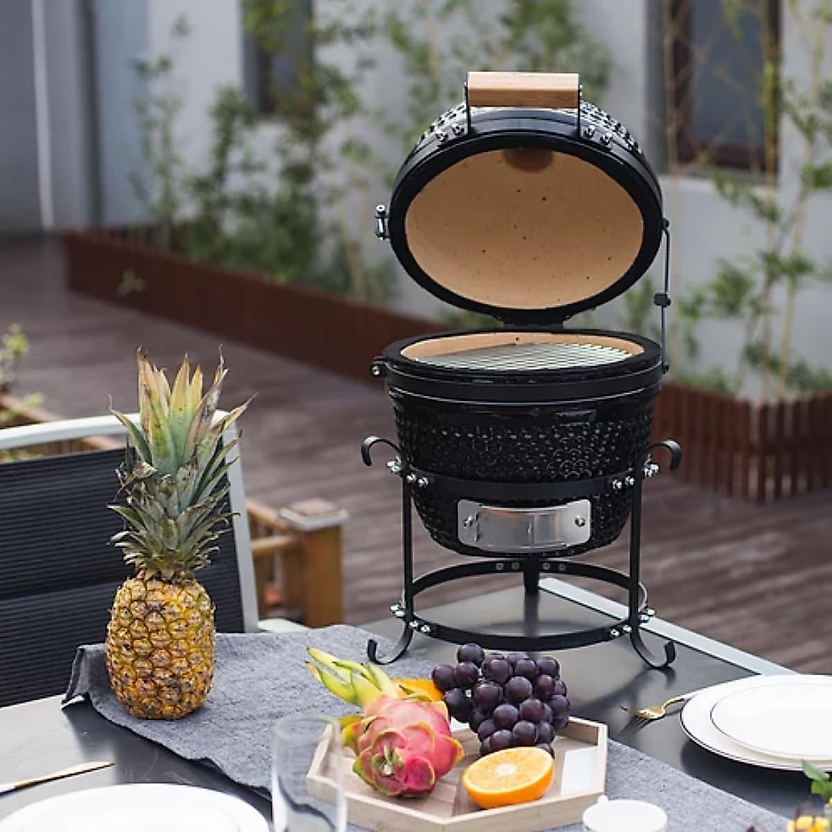 AUPLEX 13" Kamado, Ceramic BBQ Charcoal Grill, Mini Portable Clay Smoker Oven Barbecue Grill for Backyard, Balcony