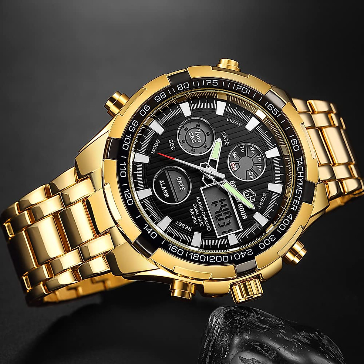 GOLDEN HOUR Luxury Stainless Steel Analog Digital Watches for Men Male Outdoor Sport Waterproof Large Big Size Heavy Wristwatch (Gold Black)
