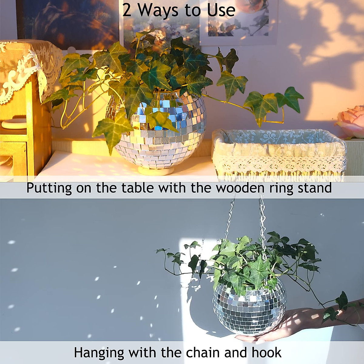 Tialero 2Pcs Disco Ball Planter, 6"/8" Disco Planter with Hanging Chain & Hook & Ring Stand, Disco Ball Plant Hangers for Indoor and Outdoor Plants, Hanging Plant Holder (2Pcs 6", Silver)