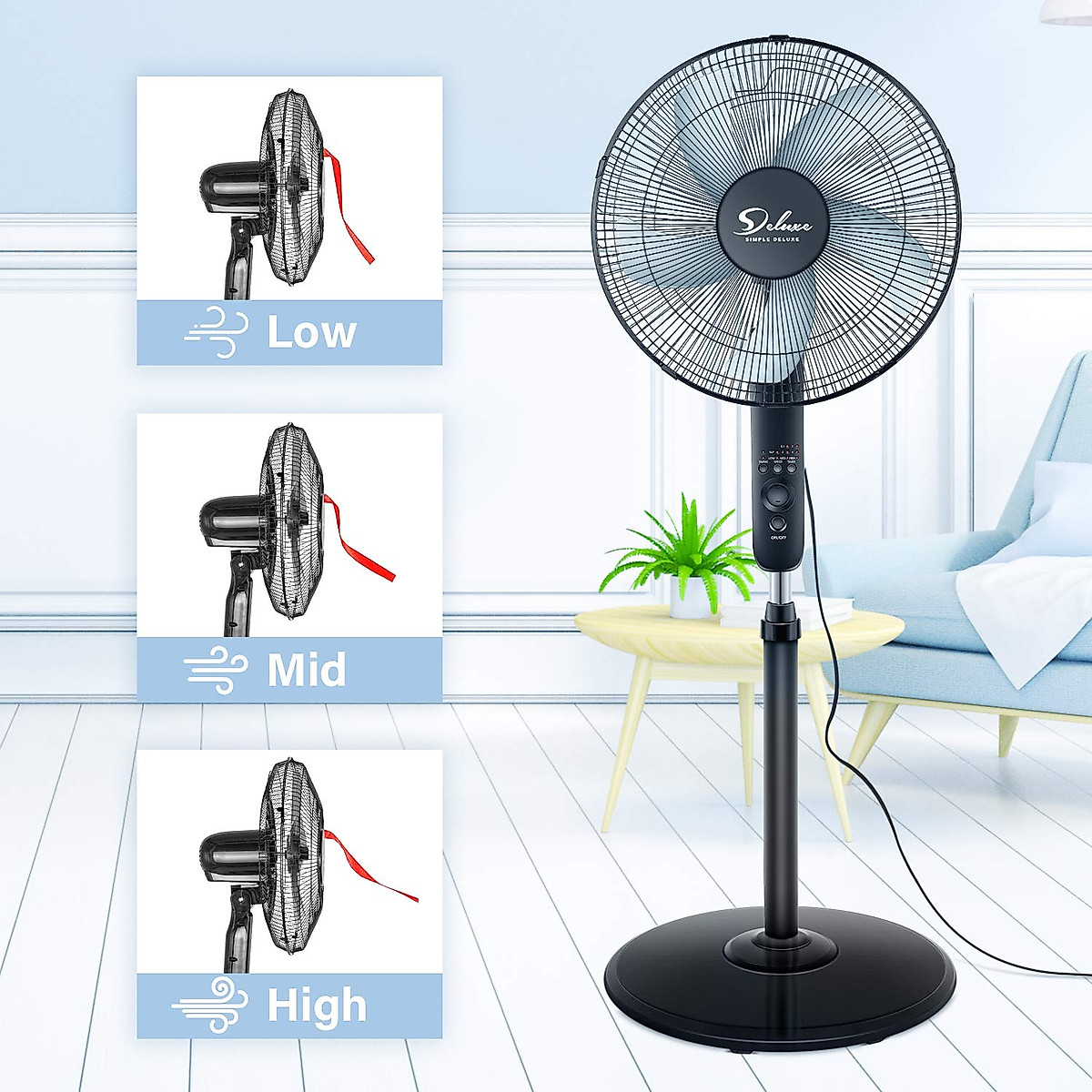Simple Deluxe Oscillating 16″ Adjustable 3 Speed Pedestal Stand Fan with Remote Control for Indoor, Bedroom, Living Room, Home Office & College Dorm Use