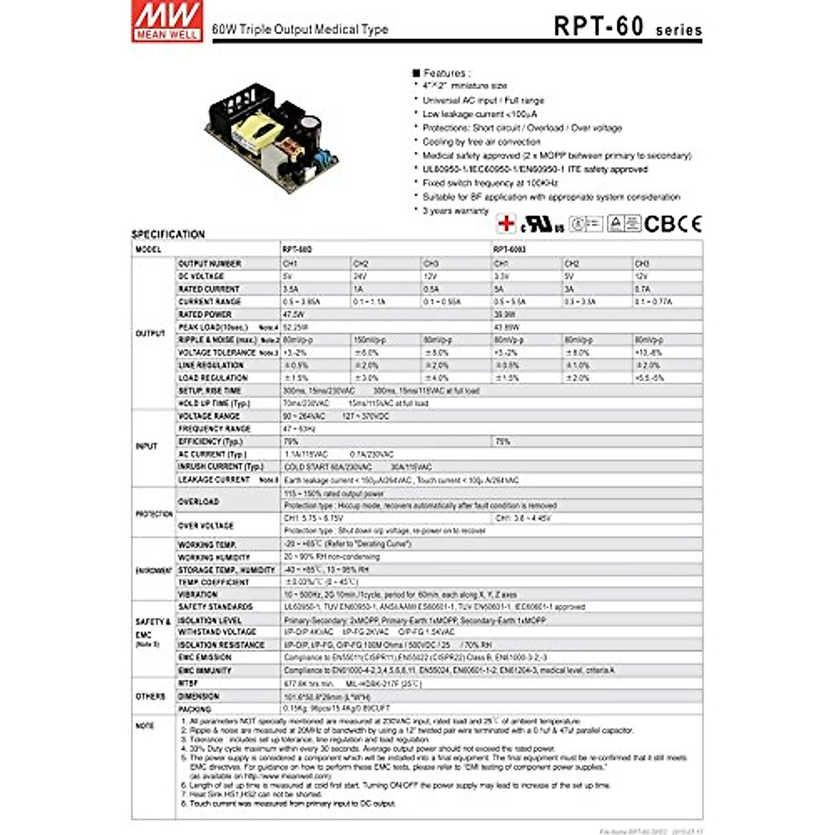 Medical 50W RPT-60B Meanwell AC-DC Triple Output RPT-60 Series MEAN WELL Switching Power Supply