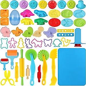 Oun Nana Playdough Tools 53 PCS Dough Tools Kits for Kids, Playdough Accessories Various Shape Molds, Animal, Dinosaur, Stamps, Scissors, Extruder, Cutters, Rollers, Dough Mat with Storage Bag
