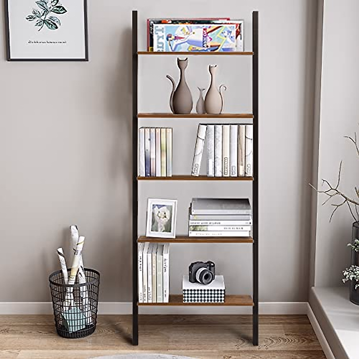Iwell Ladder Shelf, Ladder Bookshelf, 5-Tier Ladder Bookshelf for Living Room, Office, Rustic Brown